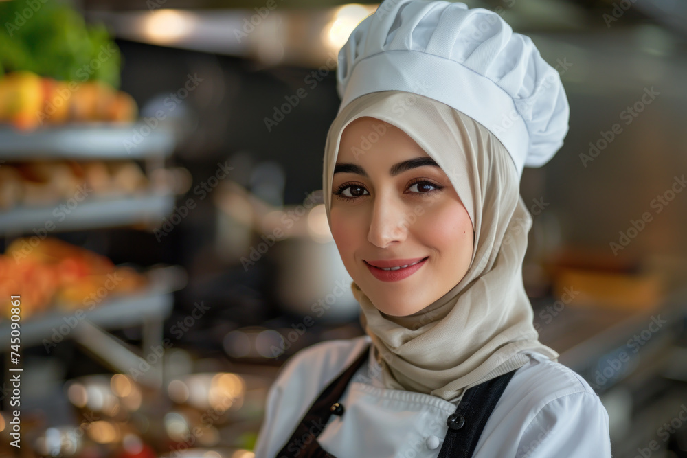 Arab woman wearing chef uniform in luxury hotel restaurant kitchen ...