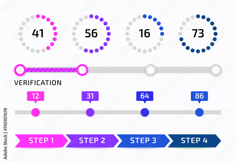 Progress bar. Infographic design. Chart numbers. Loading process. Measurement line. Sequence ...