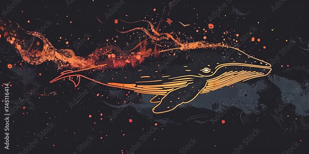 Simple line Illustration whale On Fire Flying In The Universe black ...