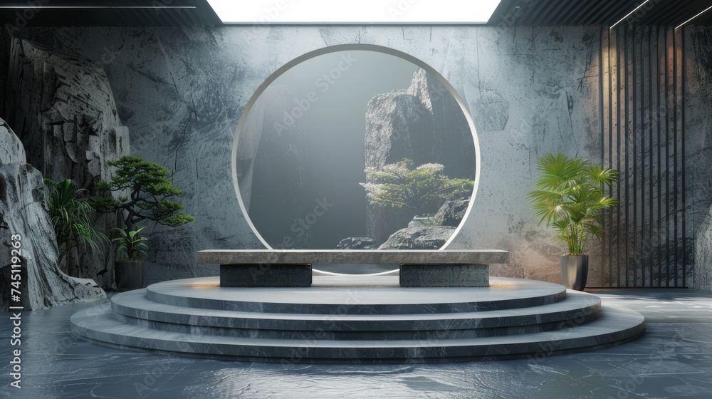 Futuristic stage with a glowing circular platform and orange lighting ...