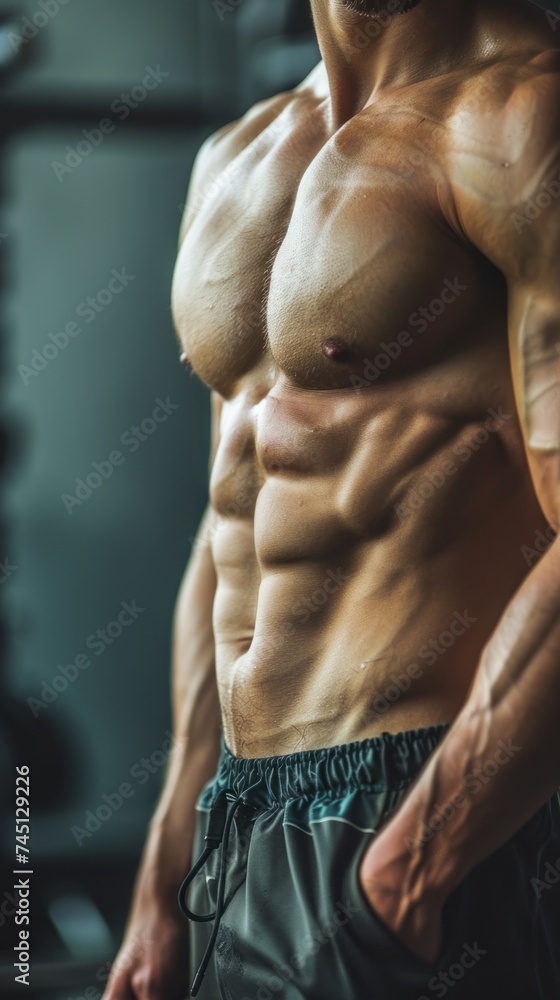 A shirtless man with well-defined abdominal muscles stands confidently ...