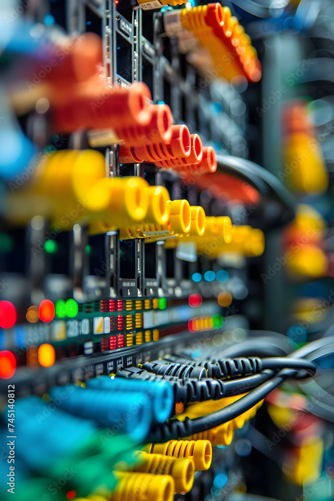 network equipment, switch hub and cables, blue lights, technology and ...