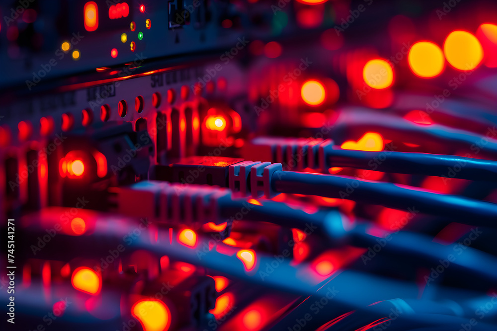 network equipment, switch hub and cables, blue lights, technology and ...