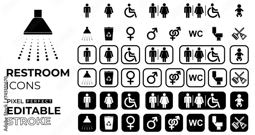 toilet icons set with restroom, male, female, wheelchair or disabled ...
