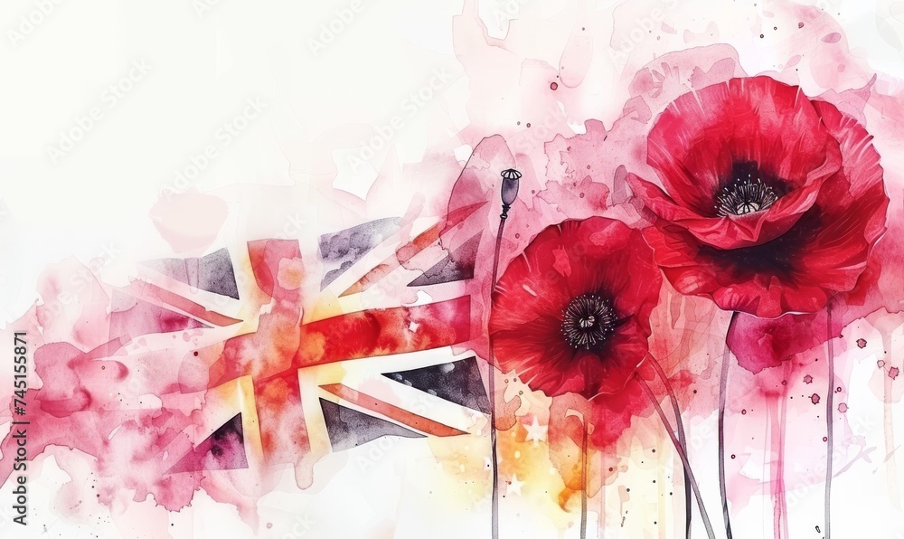 Anzac Day background with grunge watercolor Australia flag and poppy ...