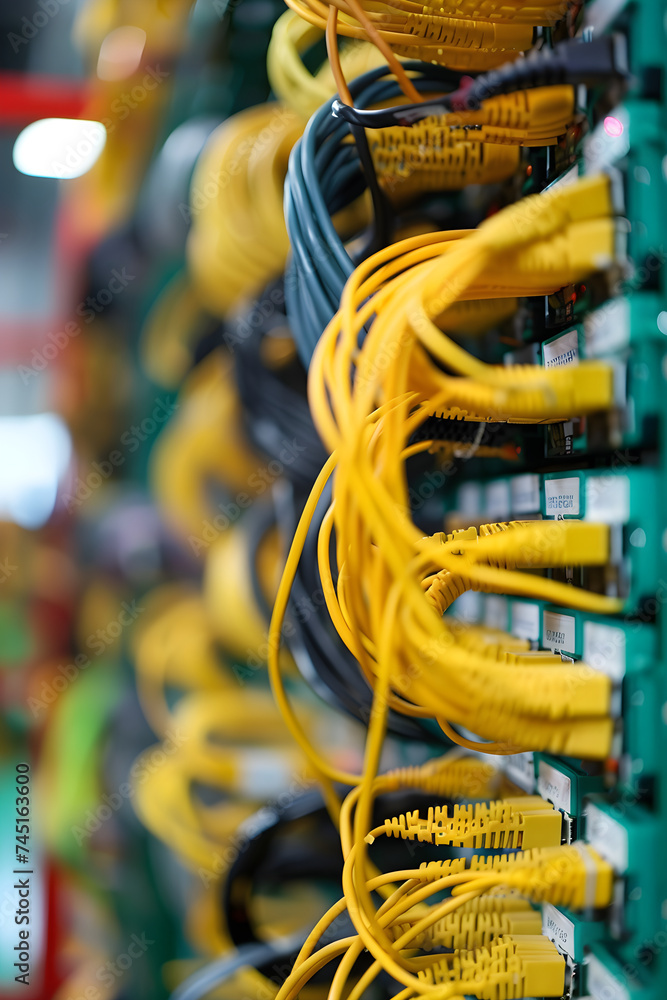 network equipment, switch hub and cables, blue lights, technology and ...