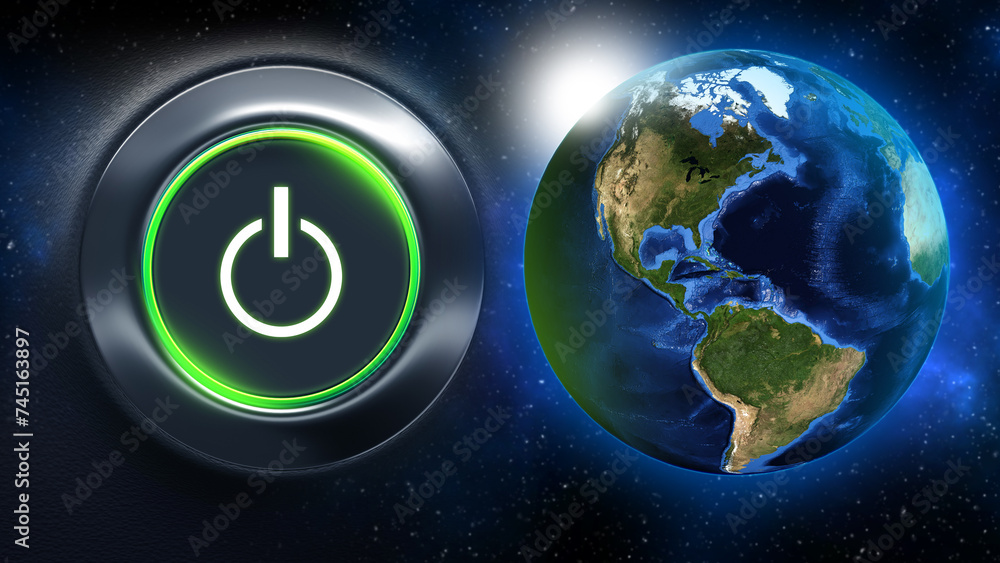 Earth hour. Turn off button near globe. Earth hour event. Call to turn ...