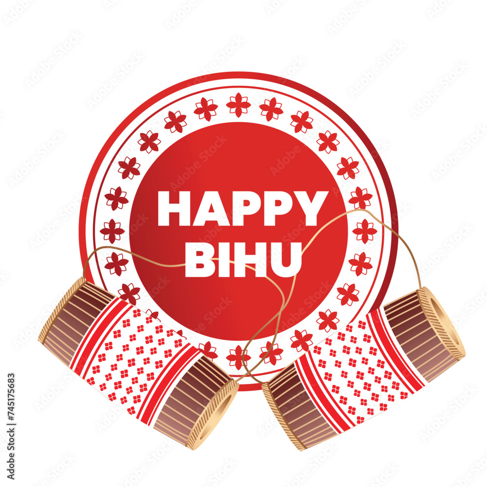 Greeting background with drum (dhol, onoinya) decorated with gamosa ...