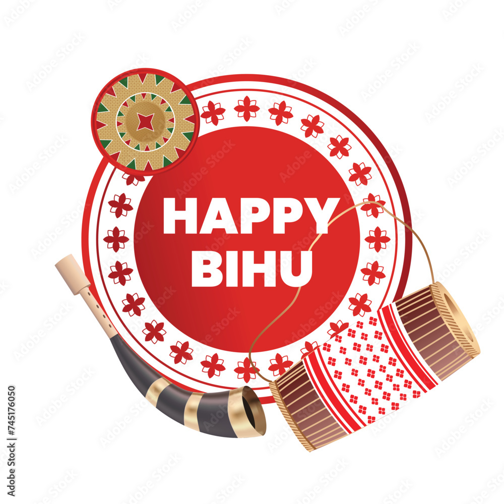 Greeting background with drum (dhol, onoinya) decorated with gamosa ...