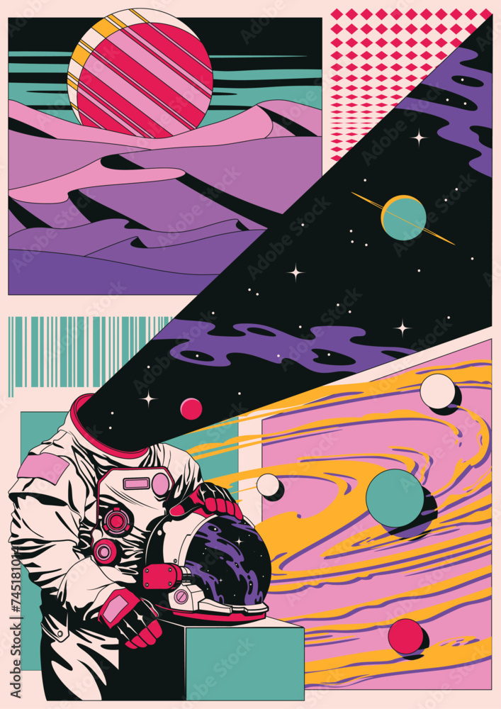 Abstract Cosmic Poster. Astronaut with Helmet, Planet over Sands, Space ...