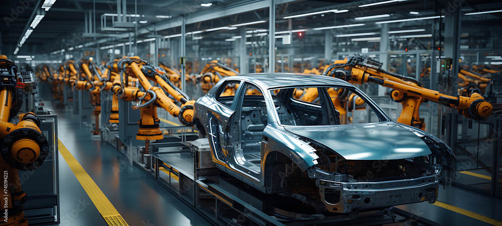 Car Factory 3D Concept: Automated Robot Arm Assembly Line Manufacturing ...