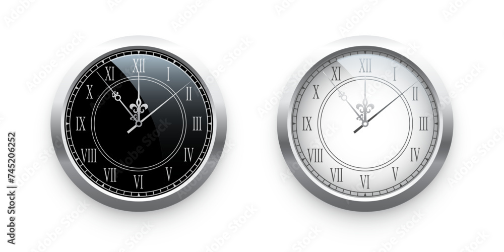 Vintage silver clock face set, elegant roman numerals clock isolated on ...