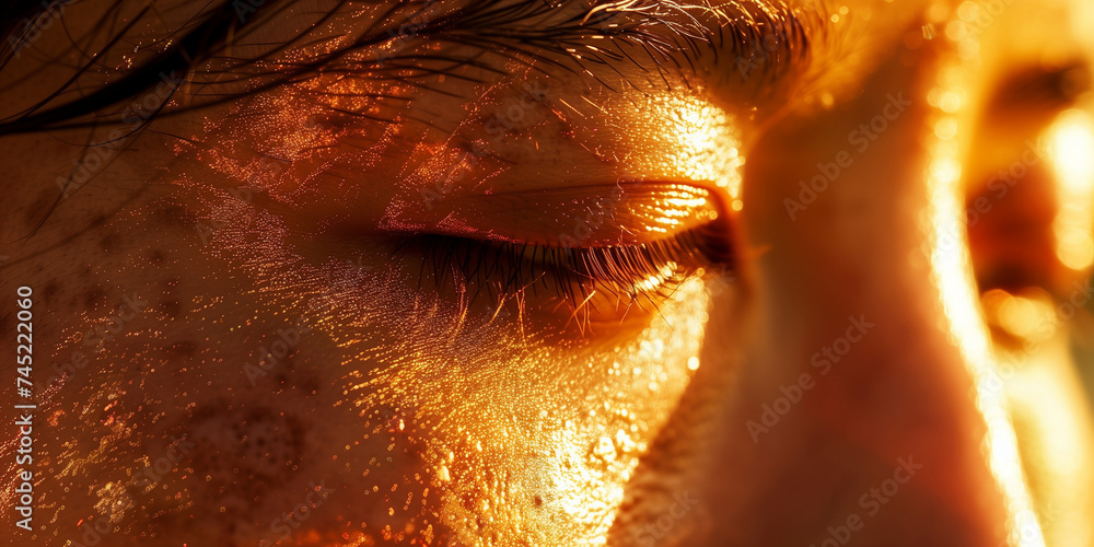close photo of sun damaged skin of a young woman with hazel eyes and a ...