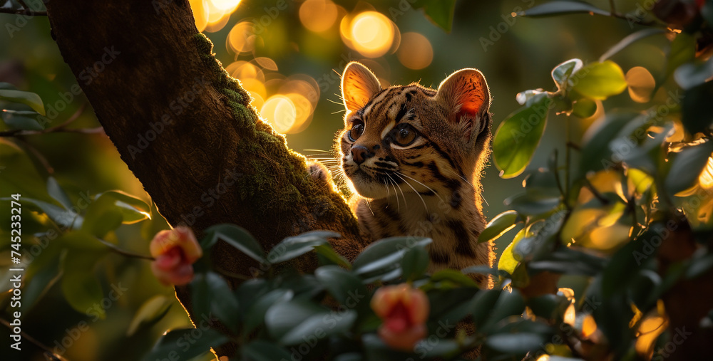 bengal tiger cub, Elegant Margay Perched on Tree Limb Highlight the ...