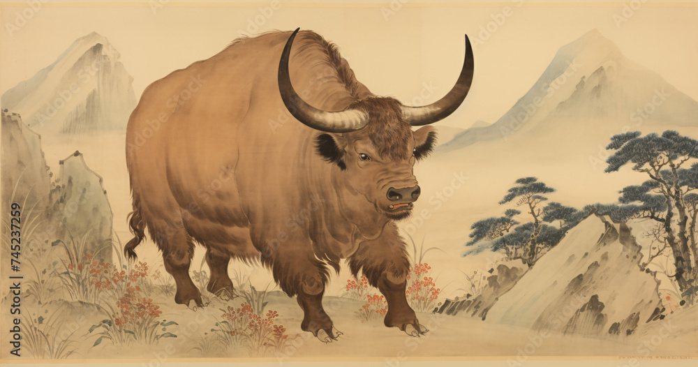 Ancient, brown maned bull/bull with metal horns, ukiyoe 17th century ...