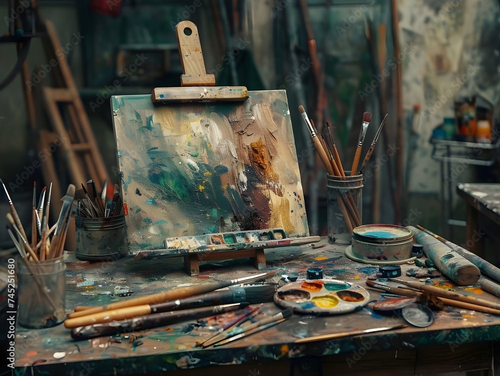 An artist's studio bathed in natural light, with oil paintings in ...