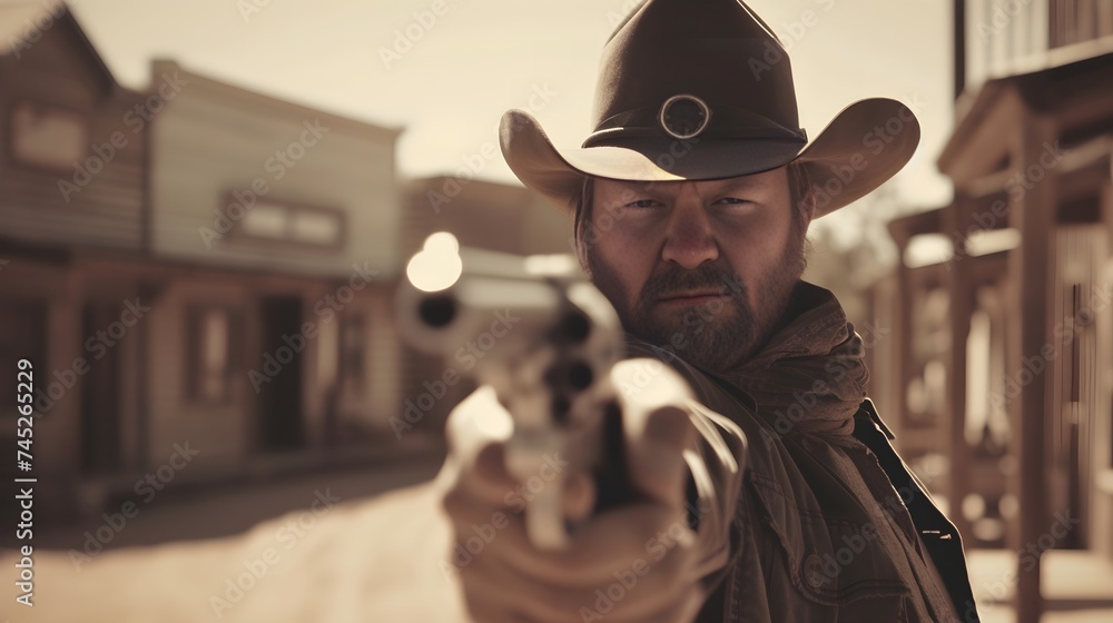Western movie shot, front view of a cowboy ready to do a duel in middle ...