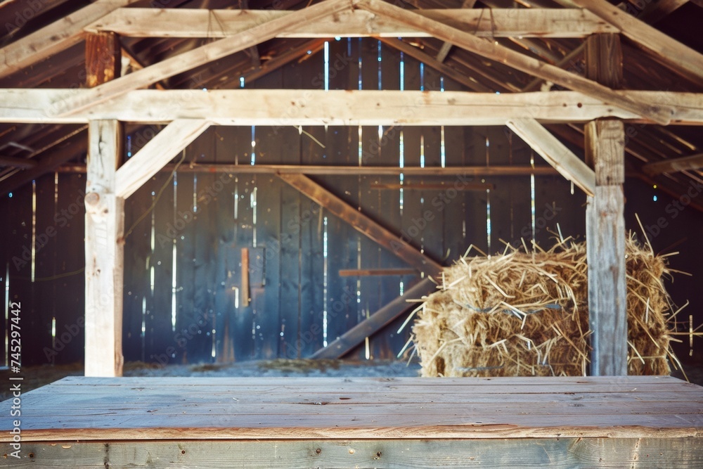 Rustic barn interior with a wooden stage and a hay bale, evoking a ...