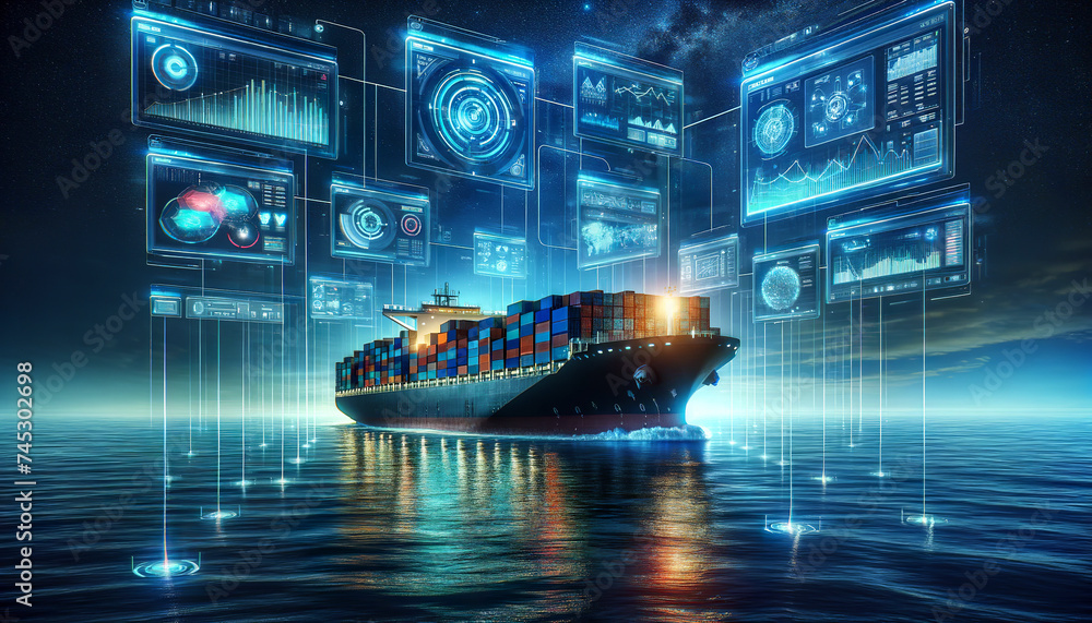 Futuristic cargo ship with a holographic display of data and analytics ...