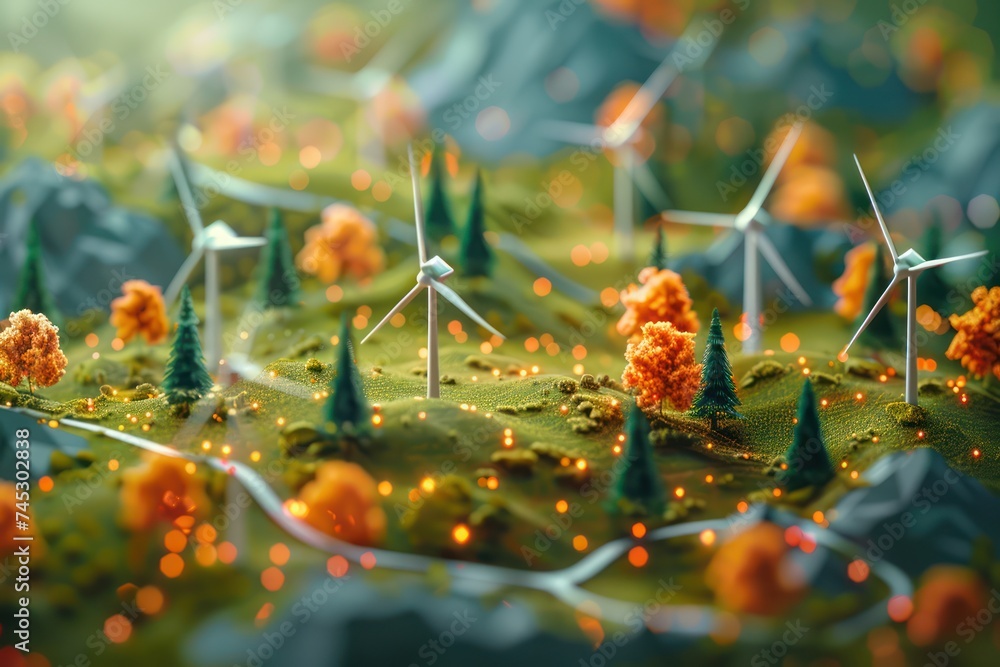 Create a visually striking scene of renewable energy sources connected ...