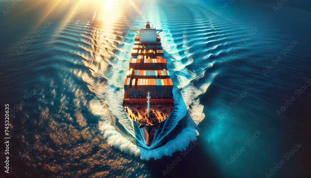 Aerial view of a large cargo ship cutting through the blue ocean ...