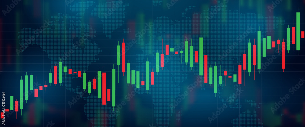A stock market or Forex trading chart on a dark blue background ...