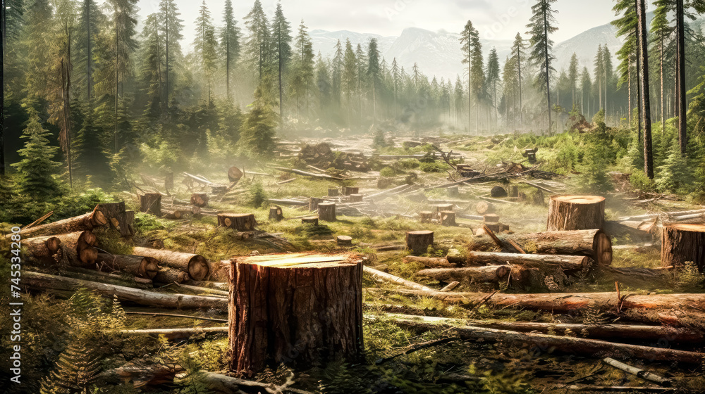 A stack of spruce tree trunks harvested from the forest, ready for ...
