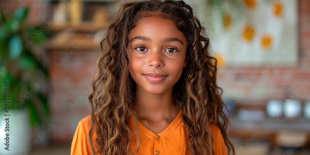 A smiling 12 year old girl with long natural hair poses Stock Photo ...