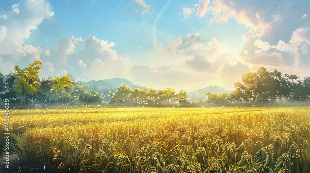 countryside farm scene with yellow rice ears and ripening crops under ...
