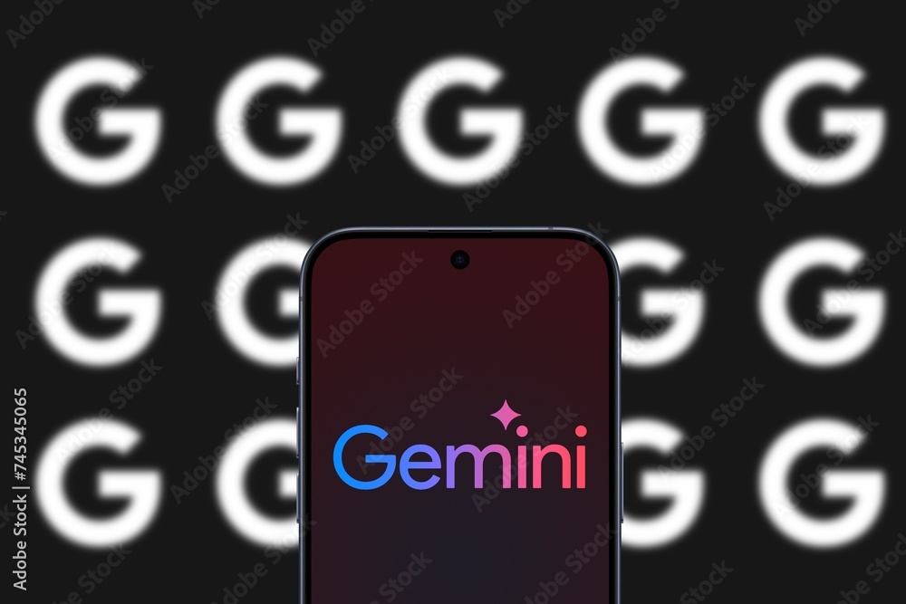 Gemini Logo is displayed on a modern smartphone, big white Google Logos ...