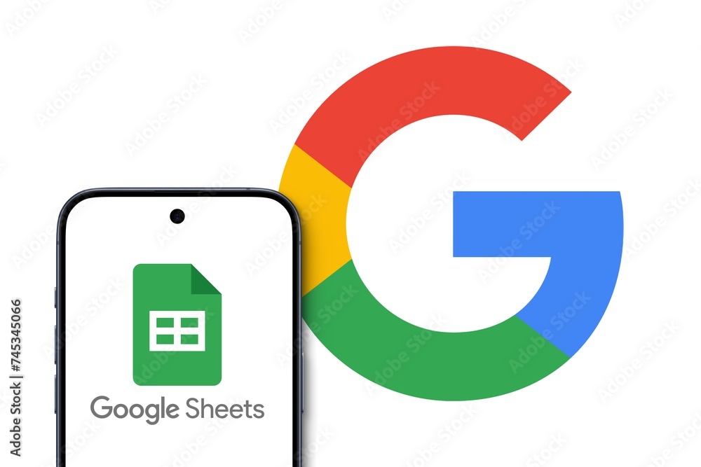 Google Sheets logo is displayed on a modern smartphone, spreadsheet ...