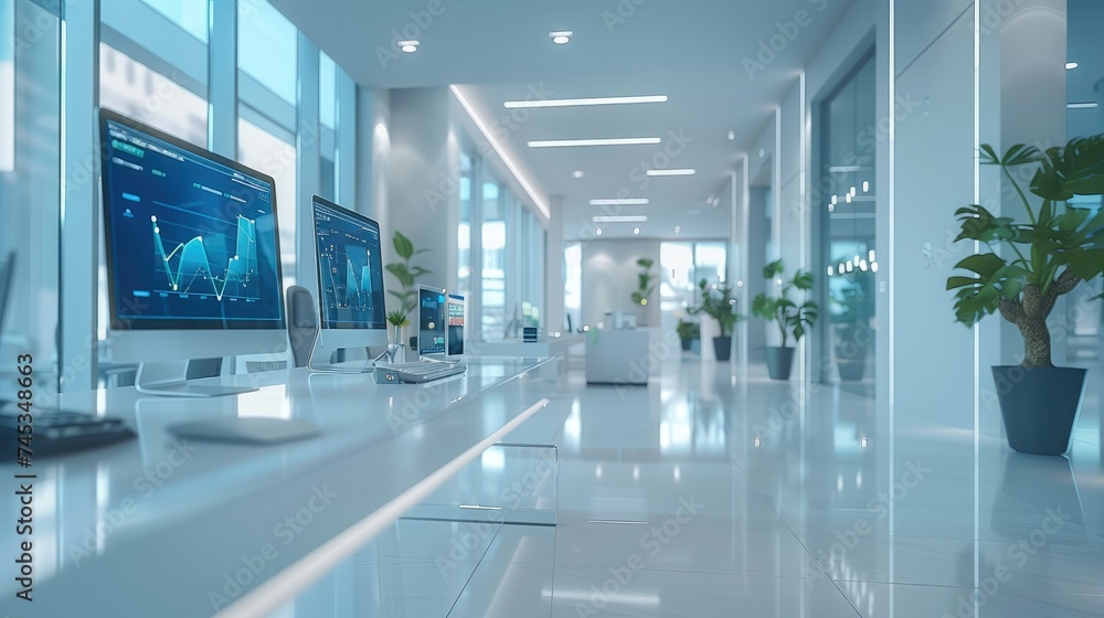 A high-tech hybrid workspace, blending traditional office elements with ...