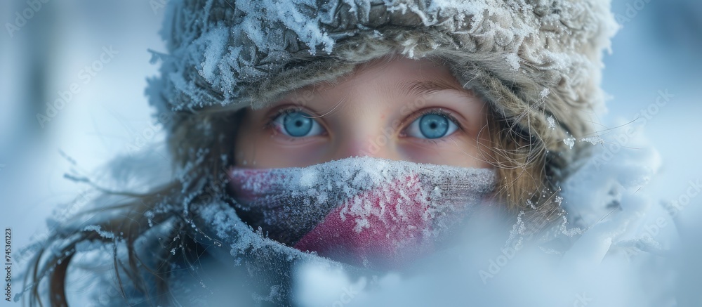 Photo Stock A young girl with striking blue eyes is bundled up in warm ...