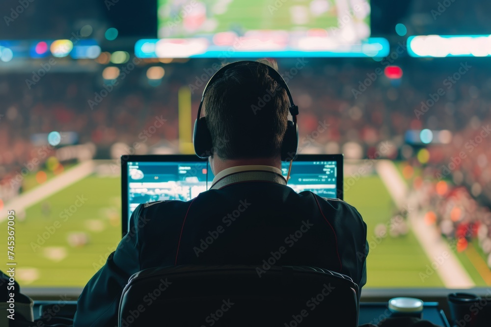 a sports commentator sits at the monitor against the backdrop of the ...