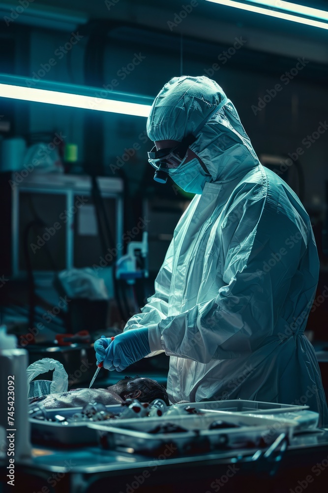 Foto A man in a white lab coat and mask carefully working on a piece of ...