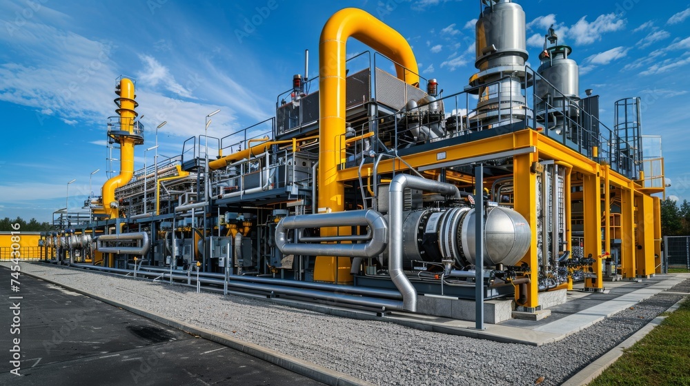 Modern petrochemical plant with intricate piping systems, distillation ...
