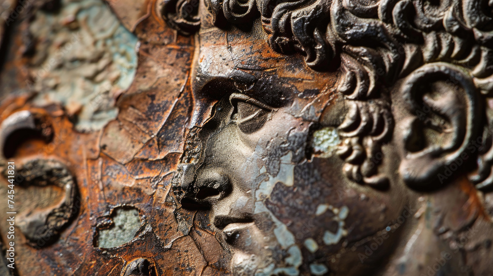 Ancient Roman coin close-up for vintage background, face of emperor on ...