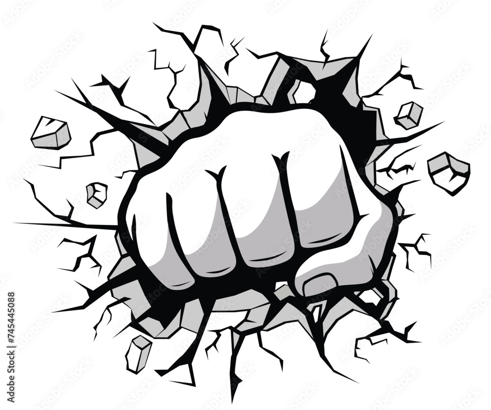 Stock-Vektorgrafik „Comic style fist punched through stone wall. Vector ...