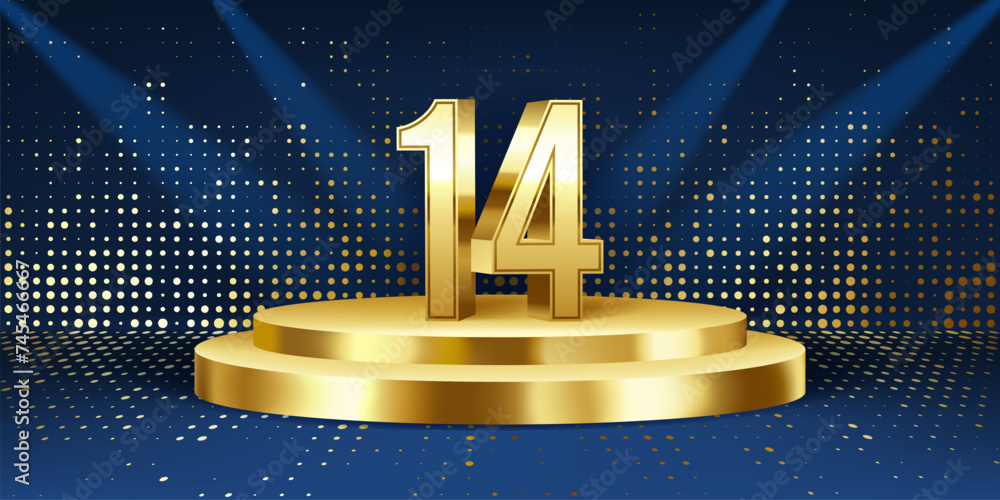 14th Year anniversary celebration background. Golden 3D numbers on a ...