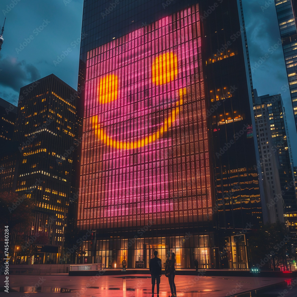 3D visualization of a smiley emoji pixel art installation on a ...
