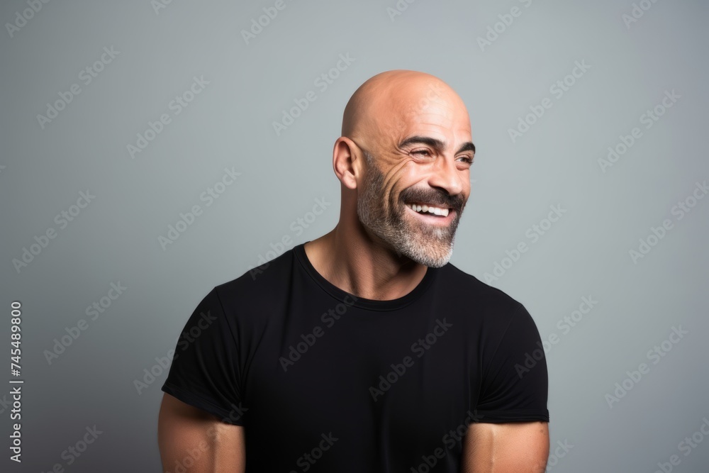 Handsome bald man with black t-shirt and beard smiling Stock Photo ...
