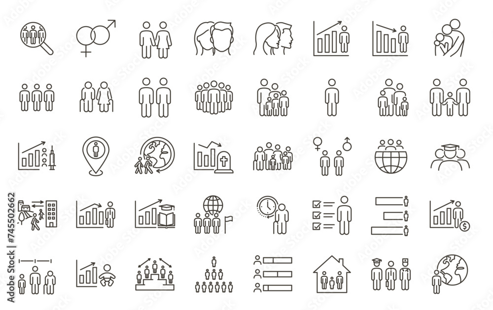 Comprehensive Demographic and Social Trends Icon Set: 40 Thin Line ...