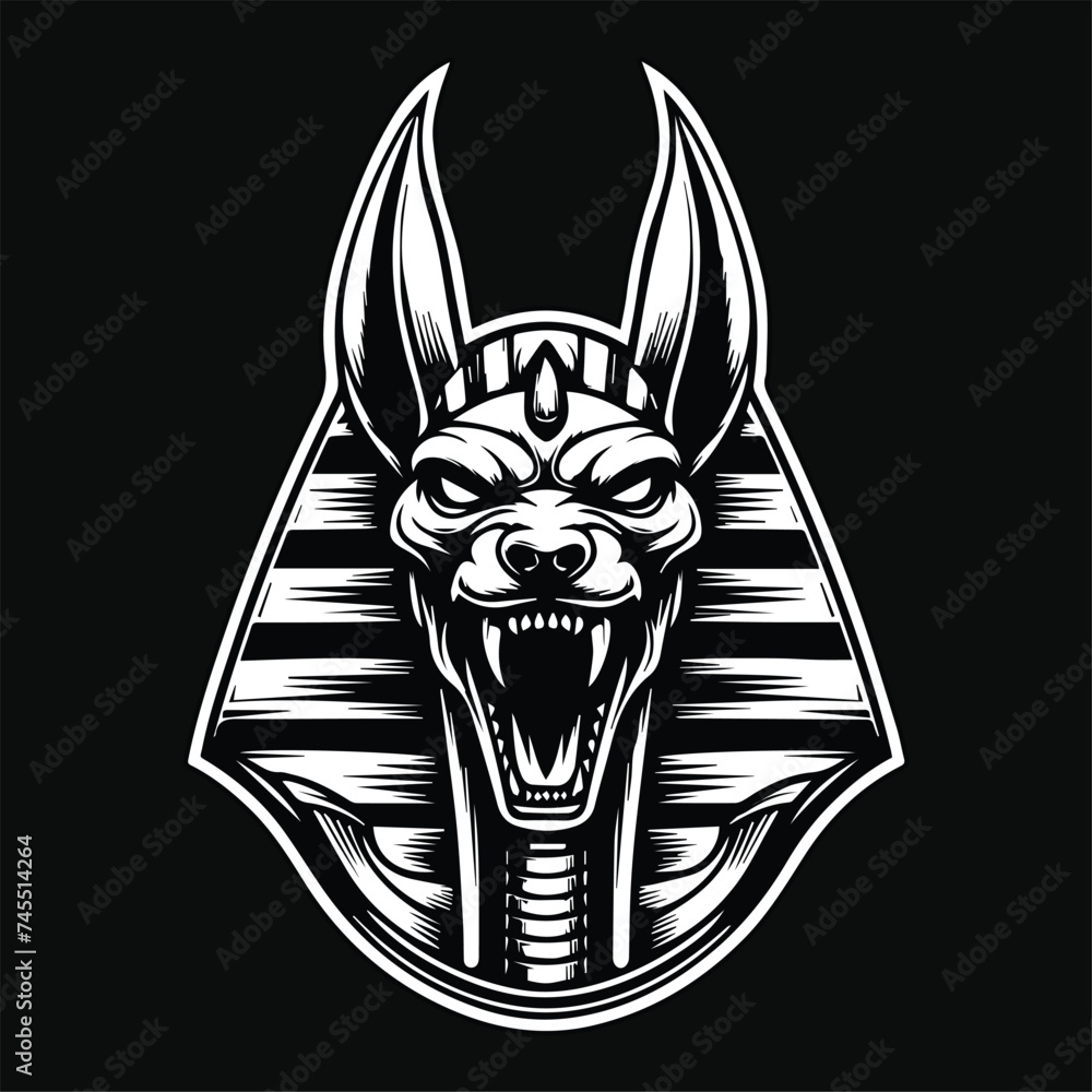 Dark Art Angry Anubis Head Black and White Illustration Stock Vector ...