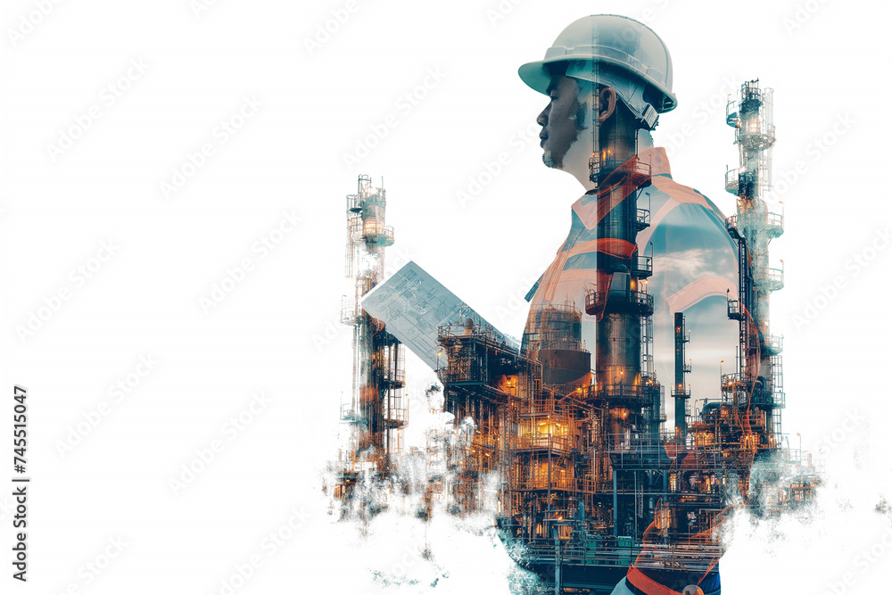 Half body, Double exposure of Engineer standing holding a blueprint ...