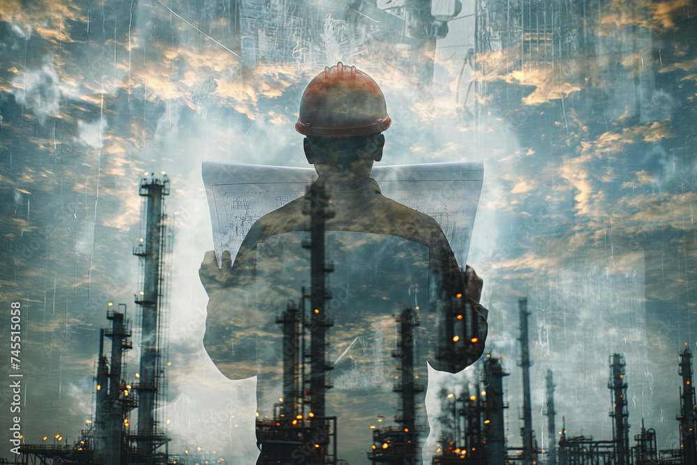 Half body, Double exposure of Engineer standing holding a blueprint ...