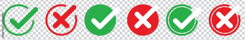 Green check mark, red cross mark icon set. Isolated tick symbols, checklist signs, approval ...