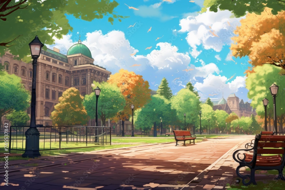 Innovative Park tree anime visual novel game. Outdoor travel. Generate ...