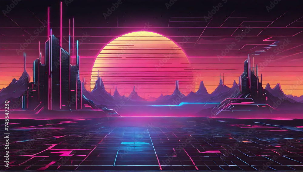 80s Retro Sci-Fi Background Futuristic landscape. Digital cyber style of the 1980`s. Synthwave ...