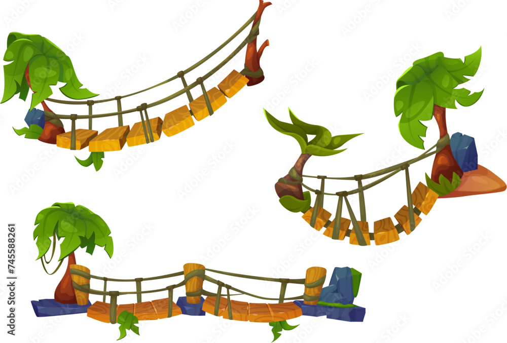 Rope bridges set isolated on white background. Vector cartoon ...