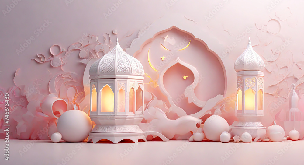 Islamic Ramadan and Eid Mubarak 3D renders soft light effects on an ...